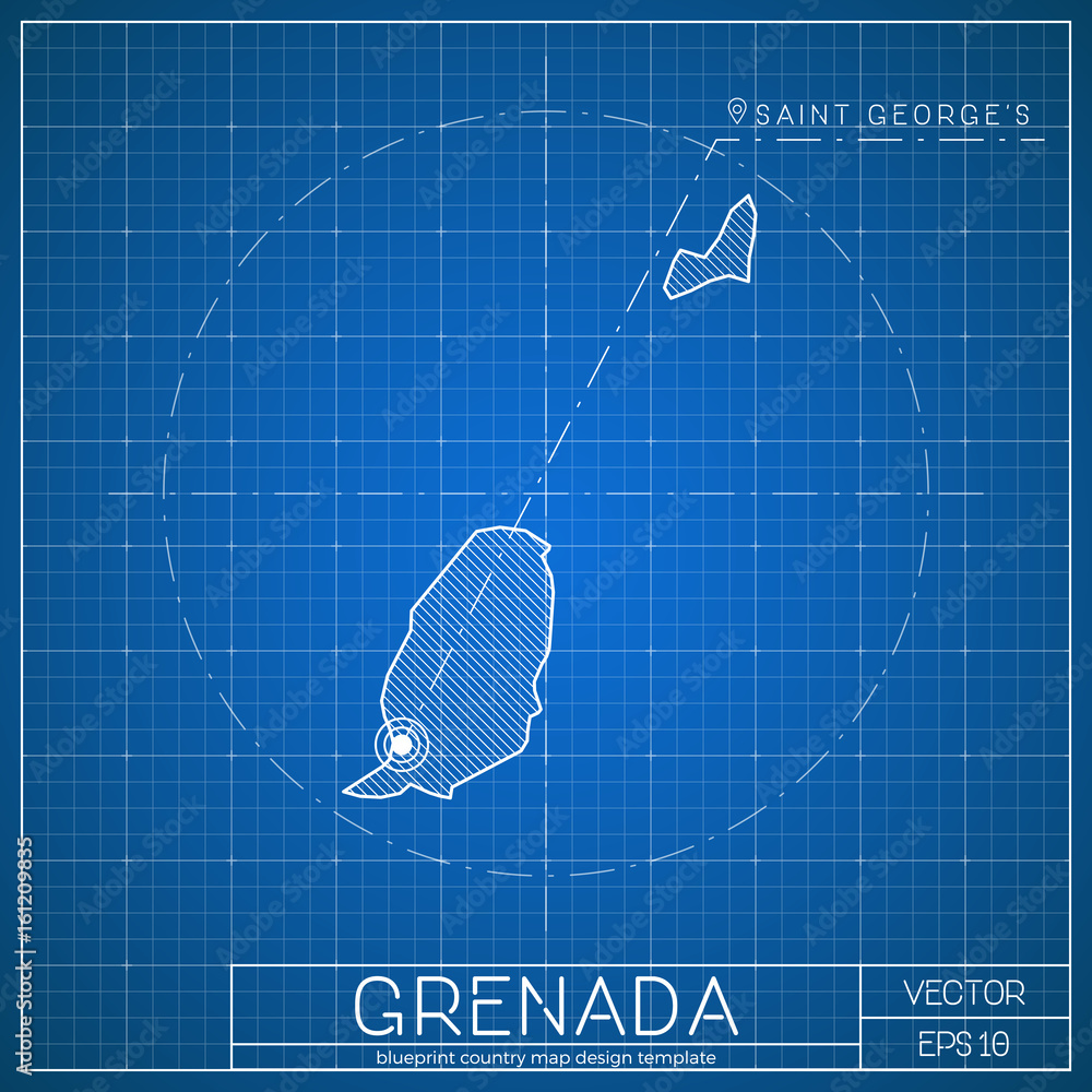 Grenada blueprint map template with capital city. St. George's marked ...