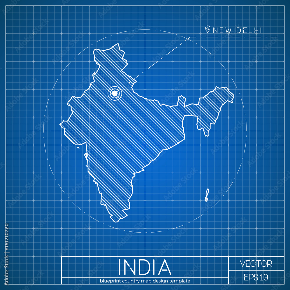 India blueprint map template with capital city. New Delhi marked on blueprint Indian map. Vector ...