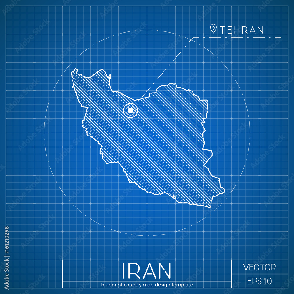 Iran blueprint map template with capital city. Tehran marked on ...