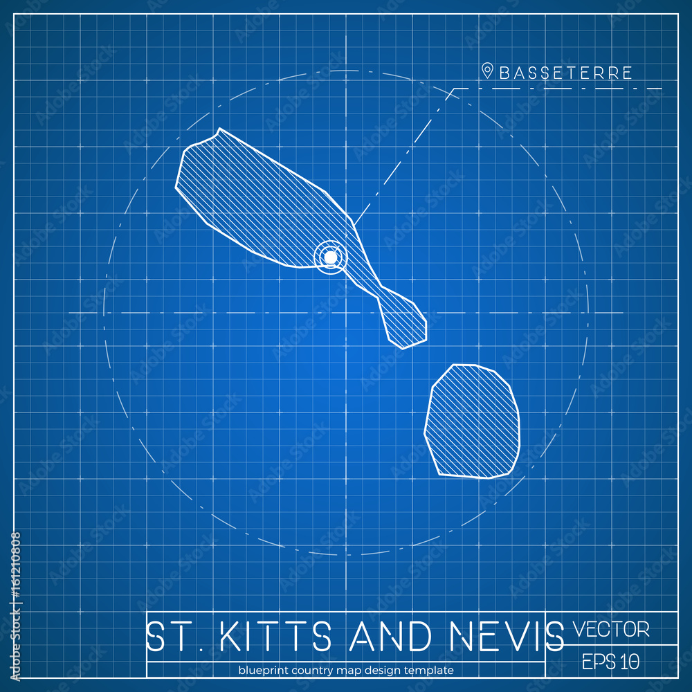 St. Kitts and Nevis blueprint map template with capital city ...