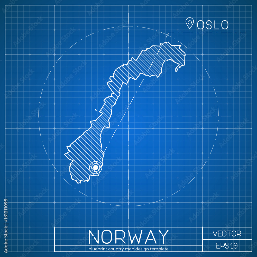 Norway blueprint map template with capital city. Oslo marked on ...