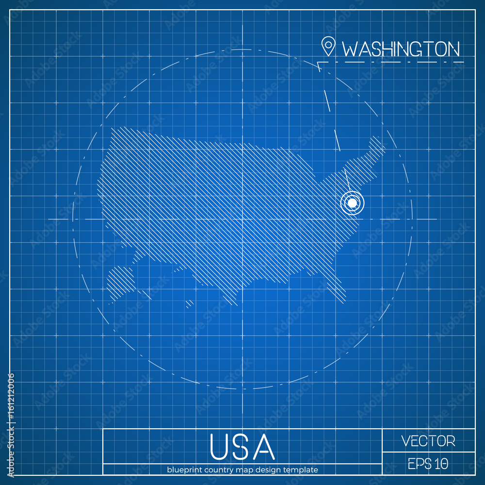 USA blueprint map template with capital city. Washington marked on ...