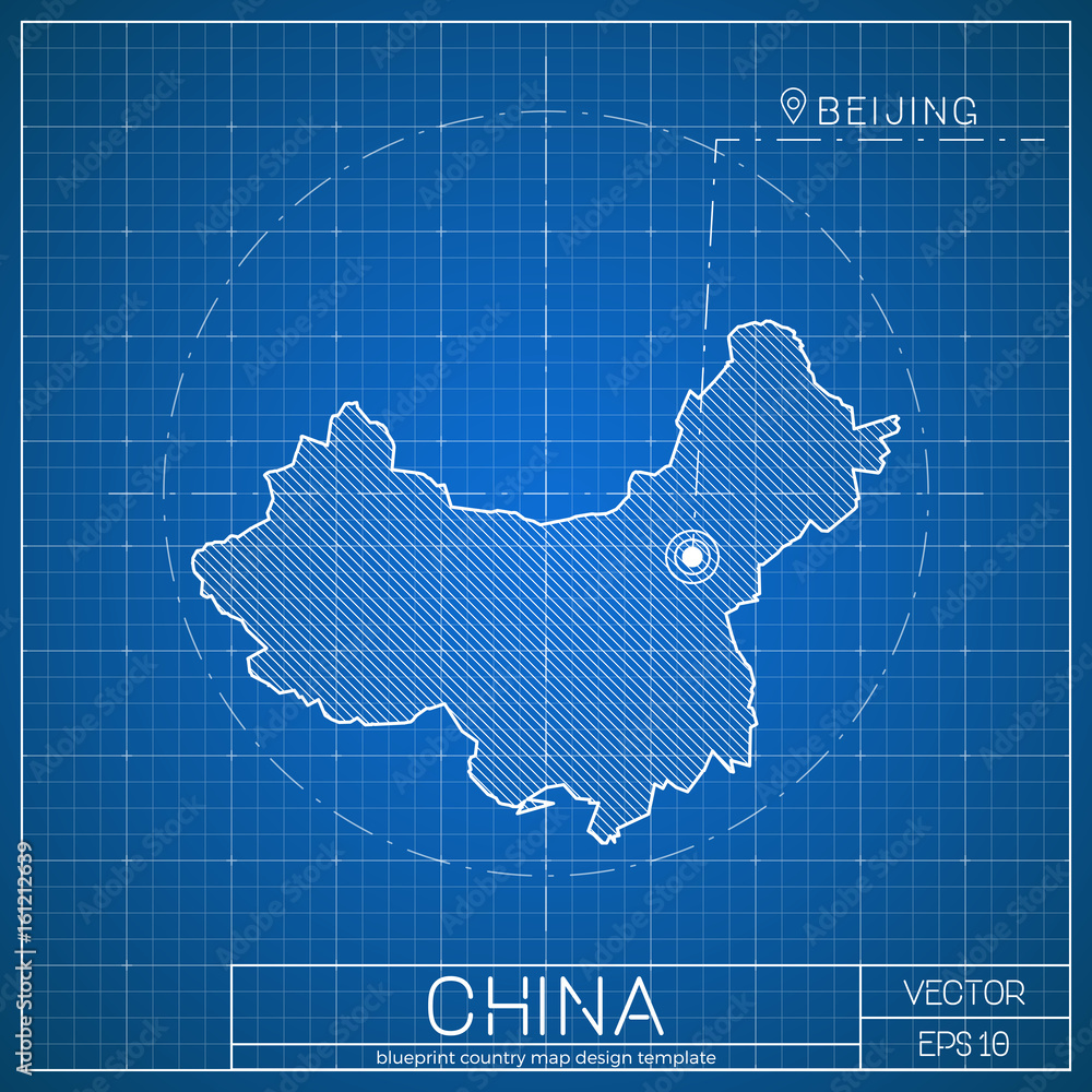 China blueprint map template with capital city. Beijing marked on ...