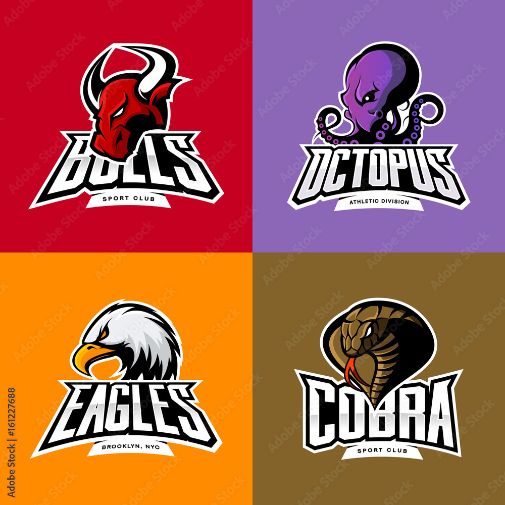 Furious octopus, eagle, cobra, bull head isolated vector sport logo ...