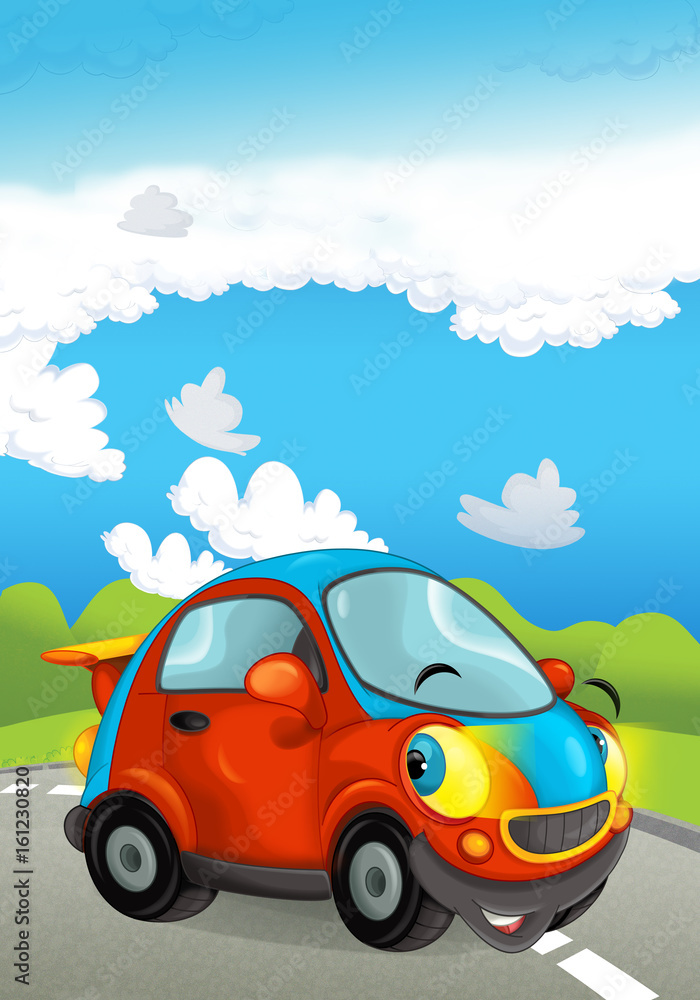 Cartoon sports car smiling and looking on the road with lights turned ...