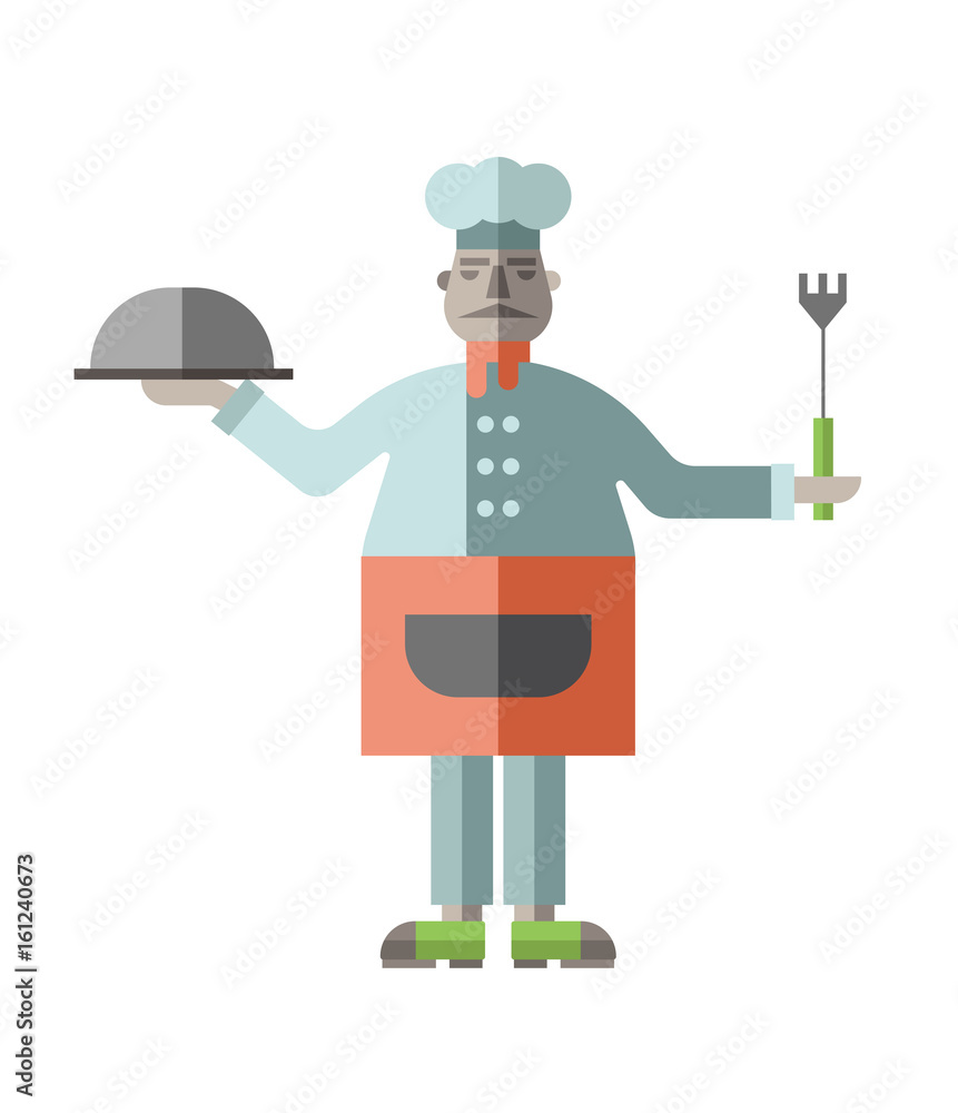Fat restaurant chef with prepared dish and fork in his hands. Vector ...
