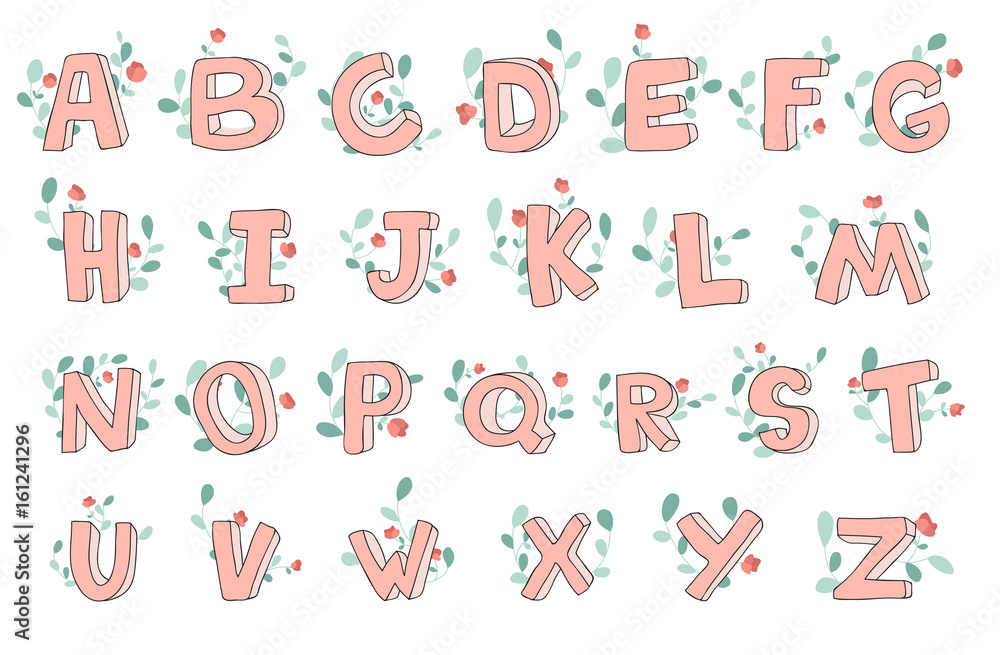 Vector hand-drawn cute alphabet with floral decoration. 3D doodle letters. ABC font for kids ...