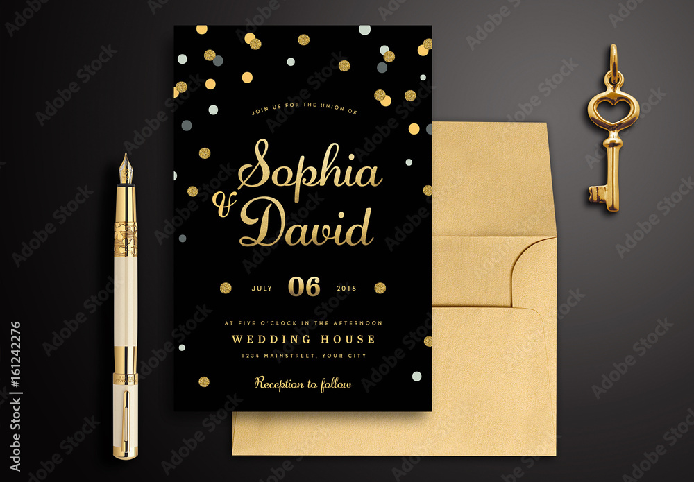 Black & Gold Wedding Invitation Stock Template | Adobe Stock