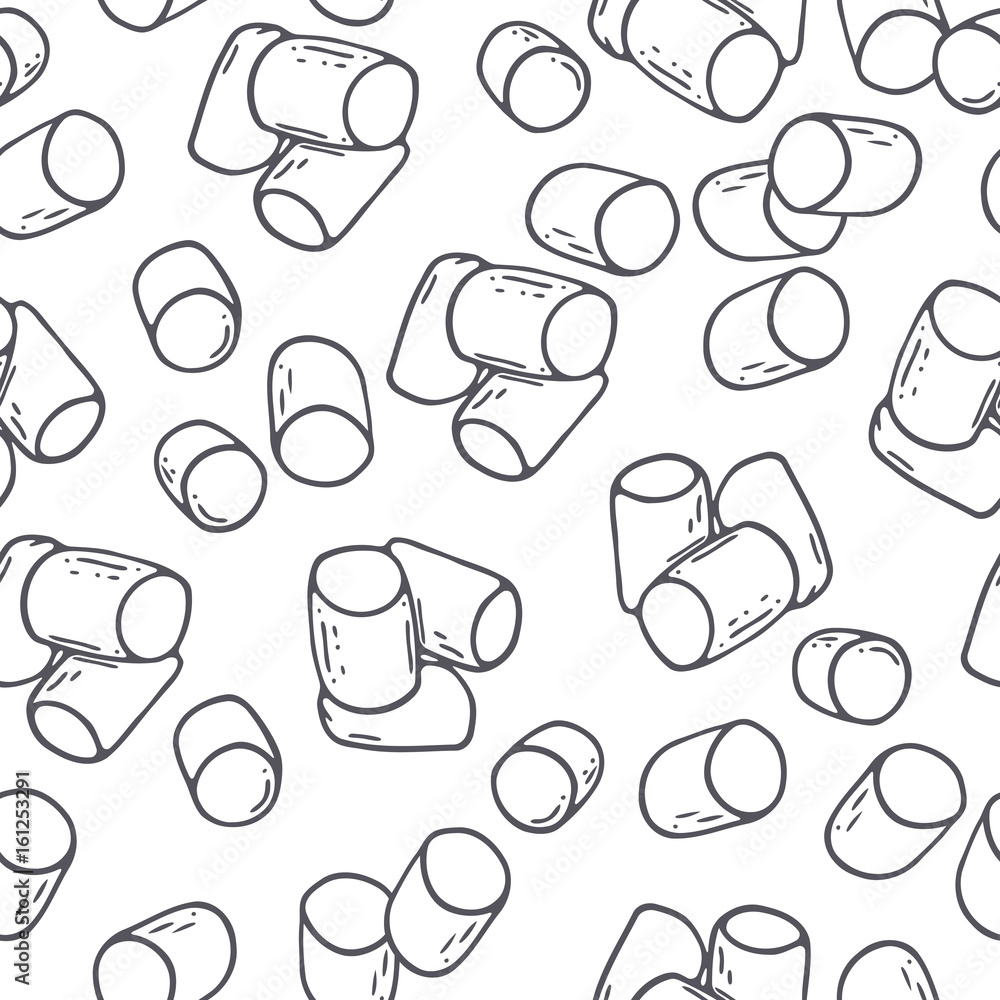 Hand drawn outline seamless pattern with marshmallow. Black and white ...