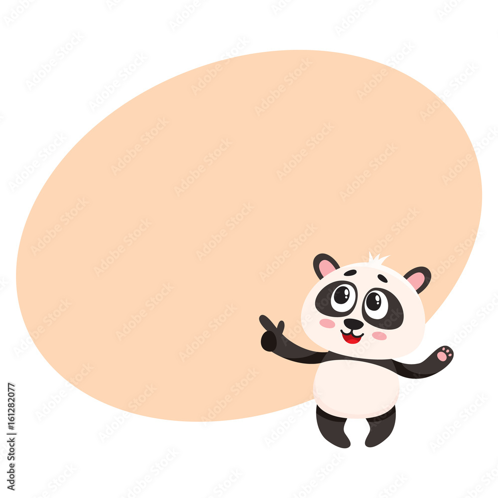 Funny smiling baby panda character pointing to something with finger ...