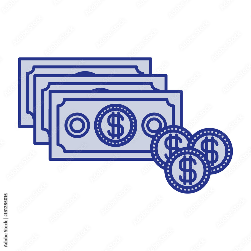 blue silhouette with money bills and coins set vector illustration ...