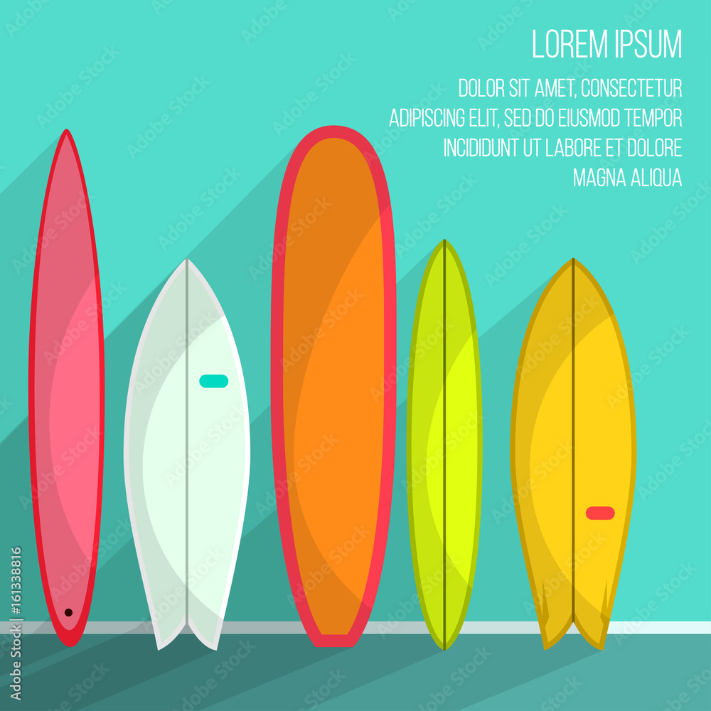 Surf boards Vector illustration Five surf boards on light blue wall ...