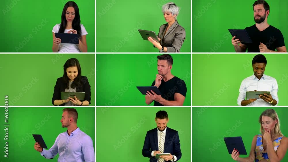 4K compilation (montage) - group of nine people work on tablet - green ...
