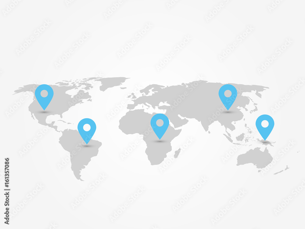 Map of World with navigation pointers. Grey map infographics with blue ...