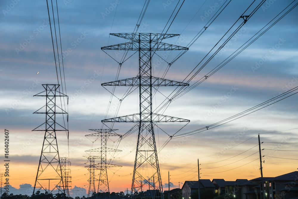 Group silhouette of transmission towers (power tower, electricity pylon ...