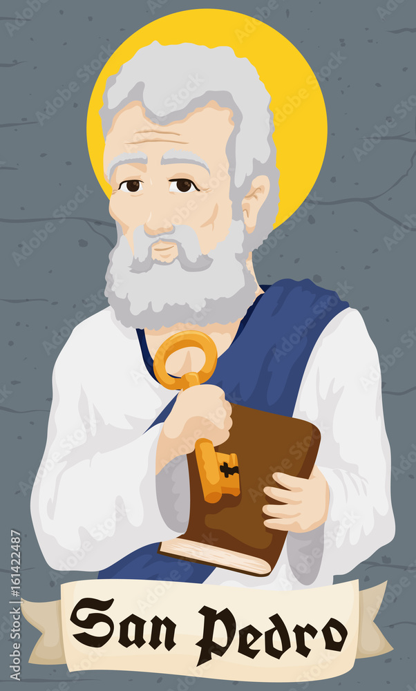 Saint Peter Holding Key and Book behind Greeting Scroll, Vector ...