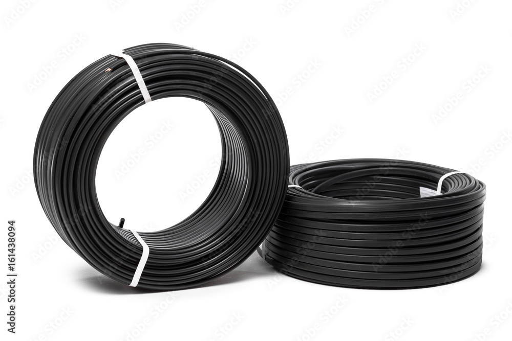 Electrical cable, energy and technology equipment isolated on white ...