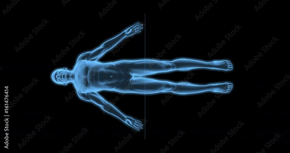 Male body scan concept / 3D animation of digital medical scanner plane ...