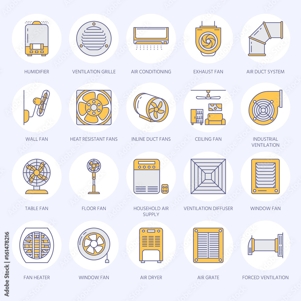 Ventilation equipment flat line icons. Air conditioning, cooling ...