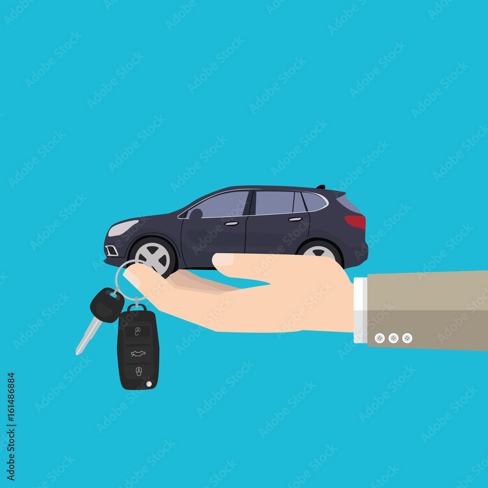 Hand with new car and keys. vector illustration in flat design. Stock ...