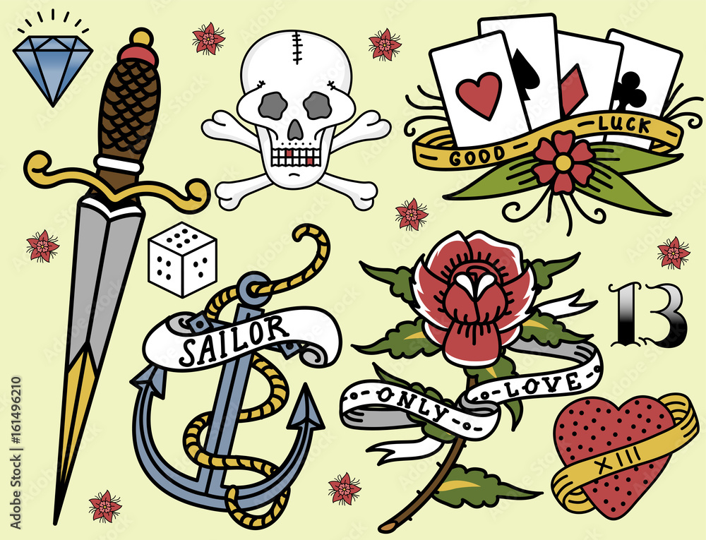 Old school vintage retro tattoo ink art style hand drawn tattooing ...