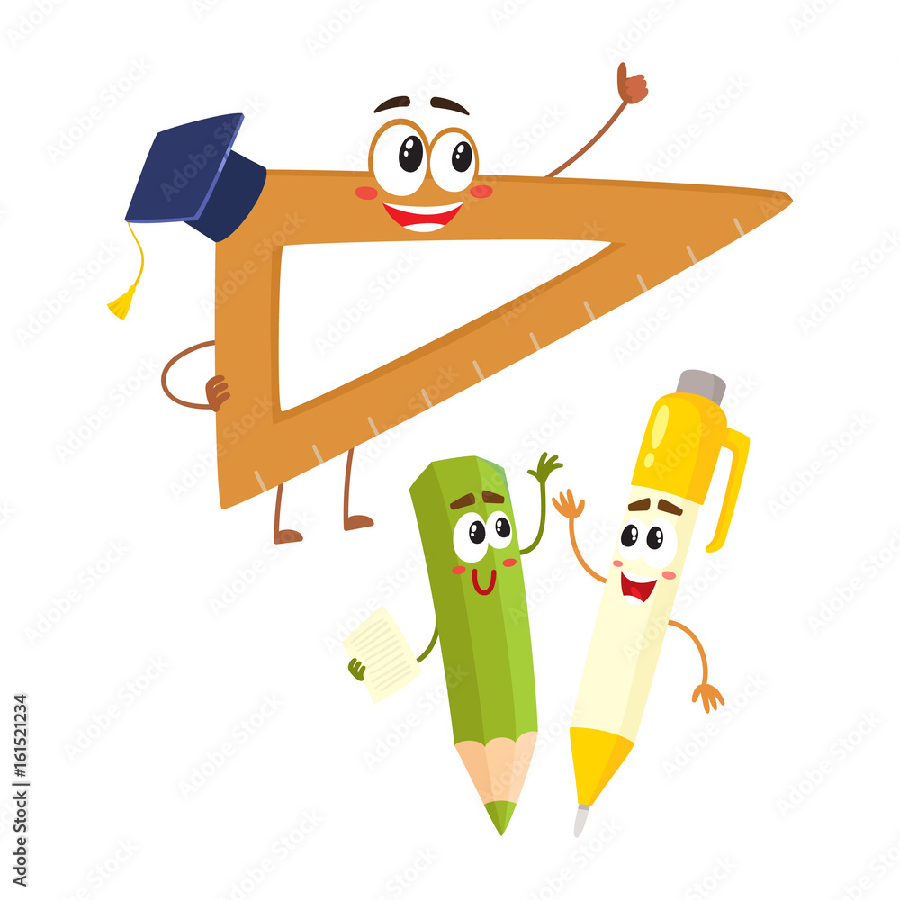 Cute and funny smiling pen, pencil, ruler characters, back to school ...