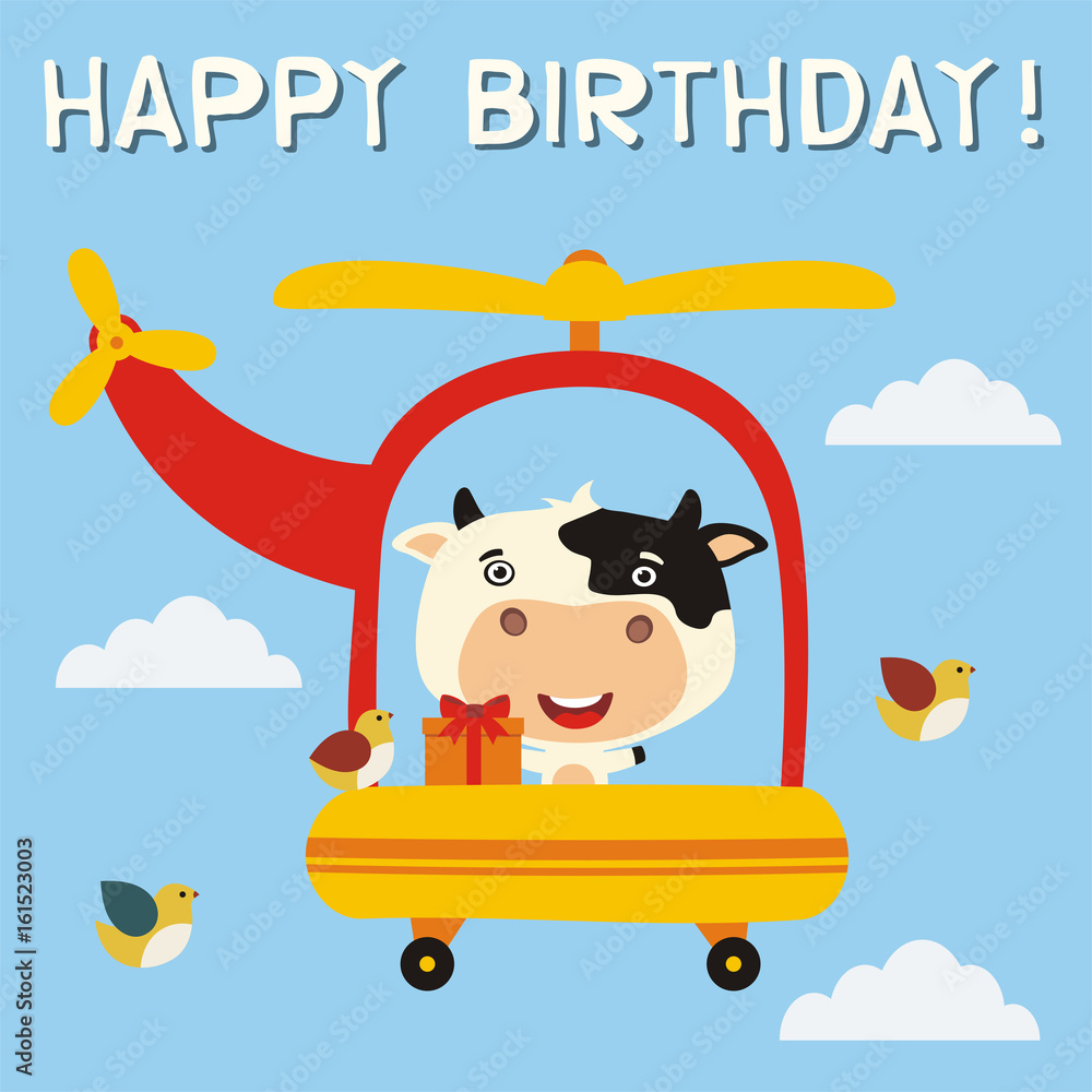 Happy birthday! Funny cow with birthday gift flying on helicopter ...