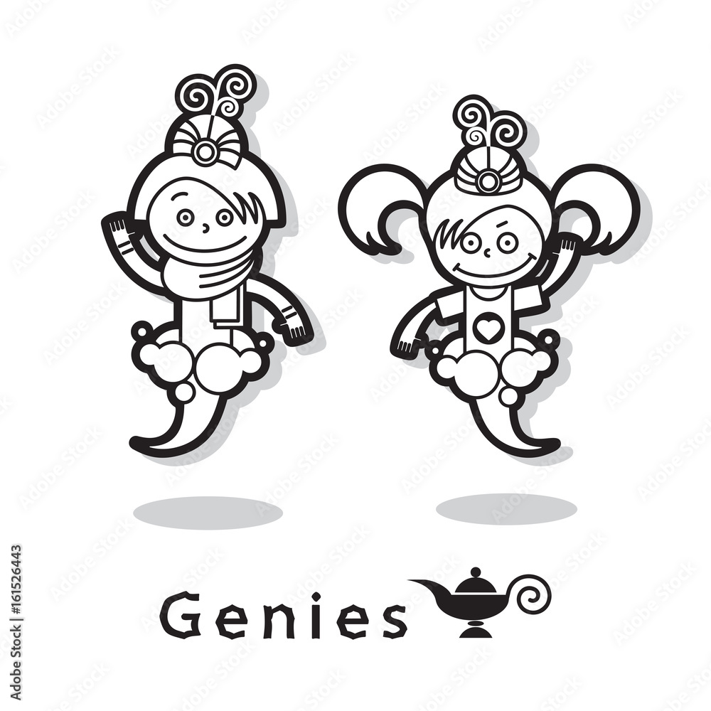 Two genie - boy and girl in the smoke. Vector icon, black and white ...