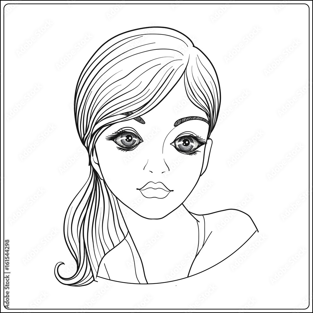 A young beautiful girl. Portrait. Outline hand drawing. Stock line ...