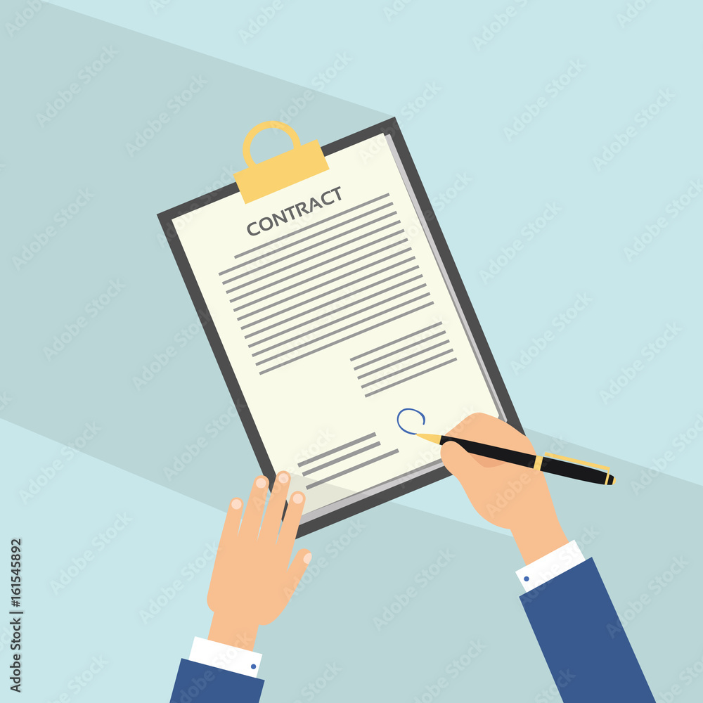 Agreement flat icon with long shadow. Hand signing contract on white ...