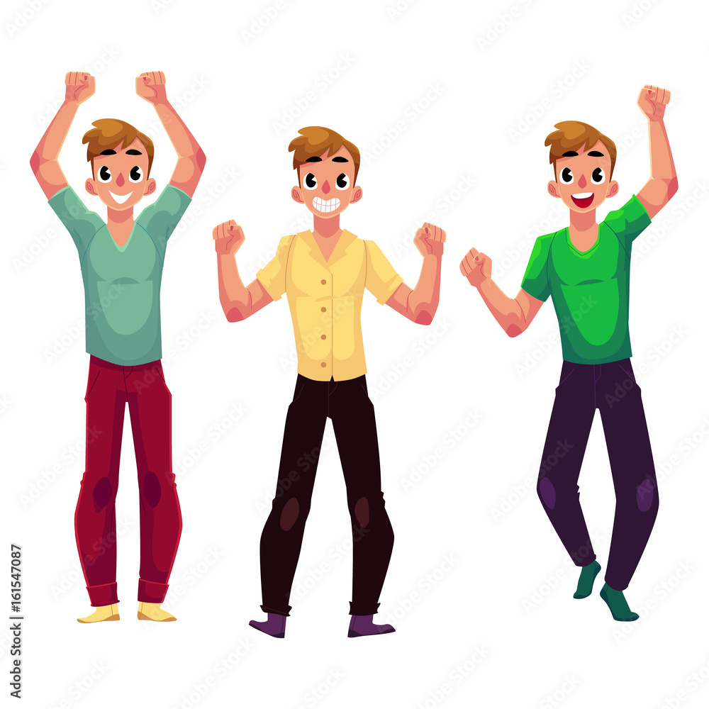 Three men, boys, friends rejoicing, cheering, celebrating, clenching ...
