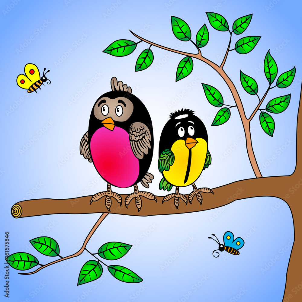 Bird On Tree Limb Cartoon