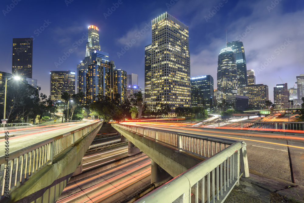 Downtown Los Angeles at night with car traffic light trails Stock Photo ...