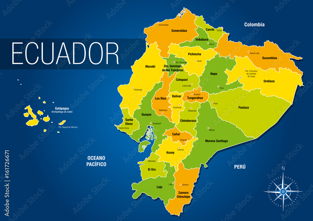 Political map of the Republic of Ecuador with the names of the ...