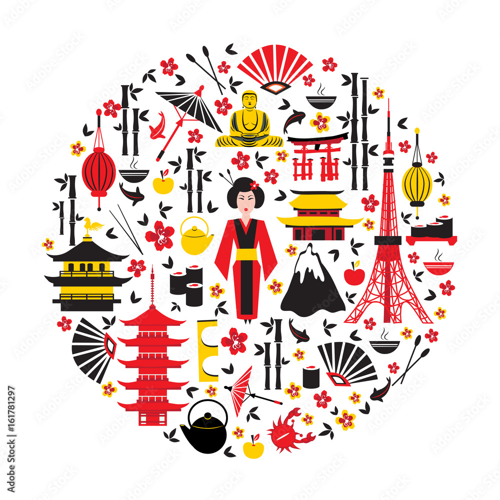 Japan symbols set in round shape with traditional food, travel icons ...