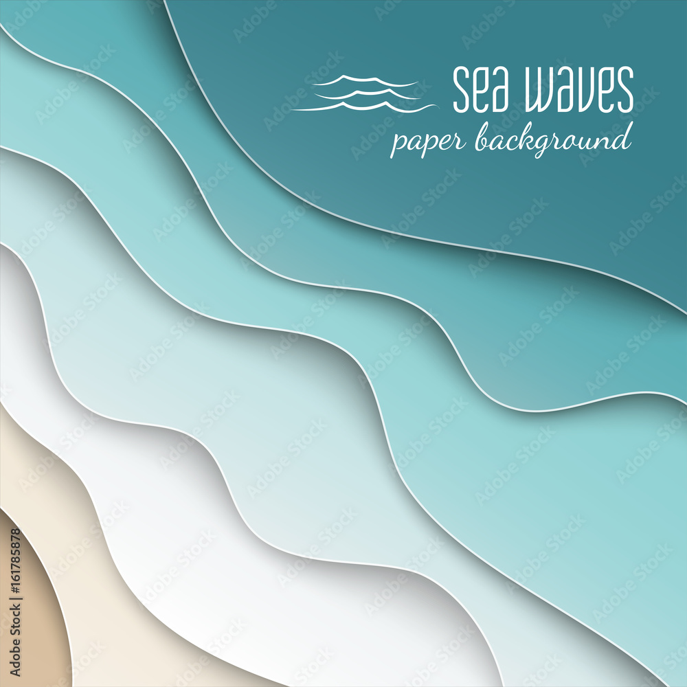 Abstract blue sea and beach summer background with curve paper wave and ...