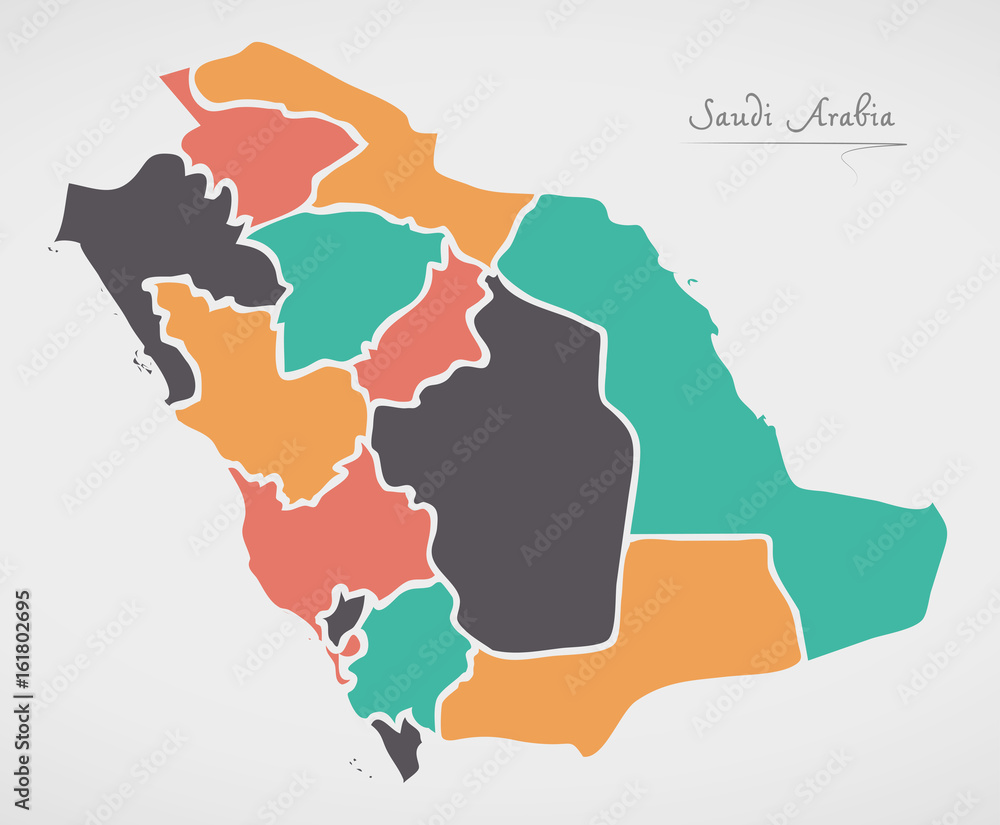 Saudi Arabia Map with states and modern round shapes Stock Vector ...