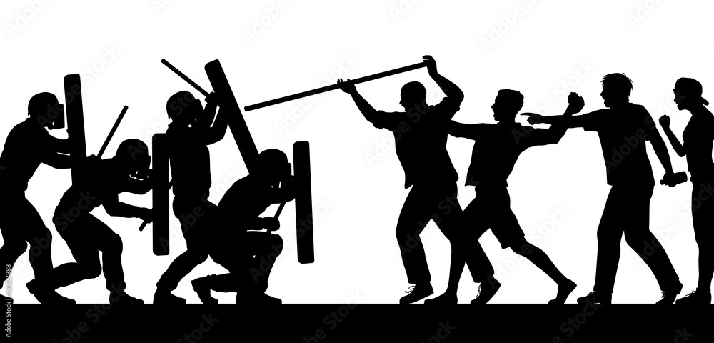 Mob fighting police silhouette Stock Vector | Adobe Stock