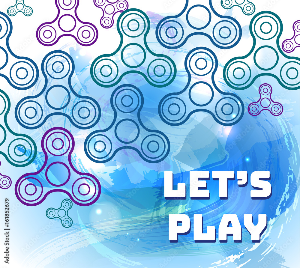 Fidget spinner watercolor blue background with outline icons of modern ...