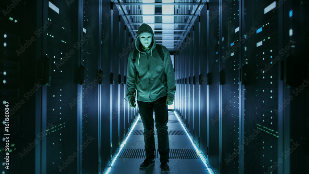 Shot of a Masked Hacker in a Hoodie Standing in Data Center with Rows ...