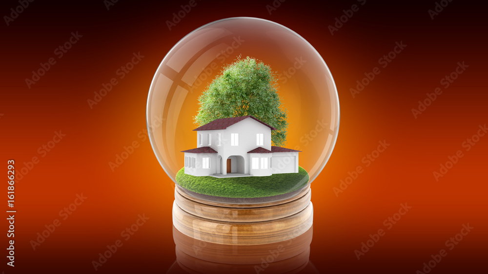 Transparent sphere ball with modern white house inside. 3D rendering ...
