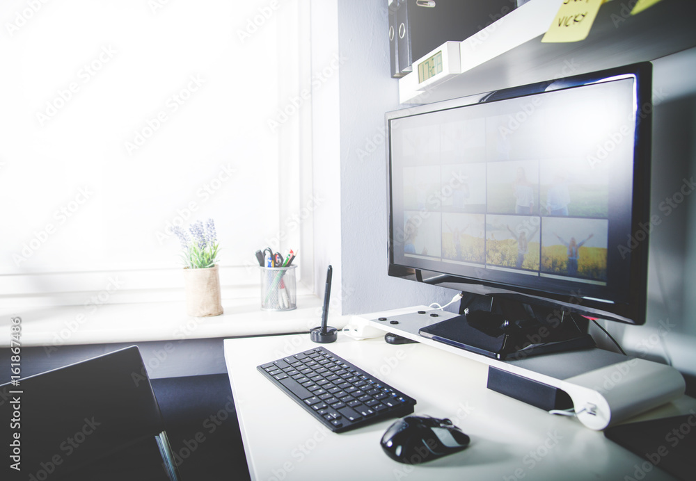 Desktop computer on desk, home office interior Stock Photo | Adobe Stock