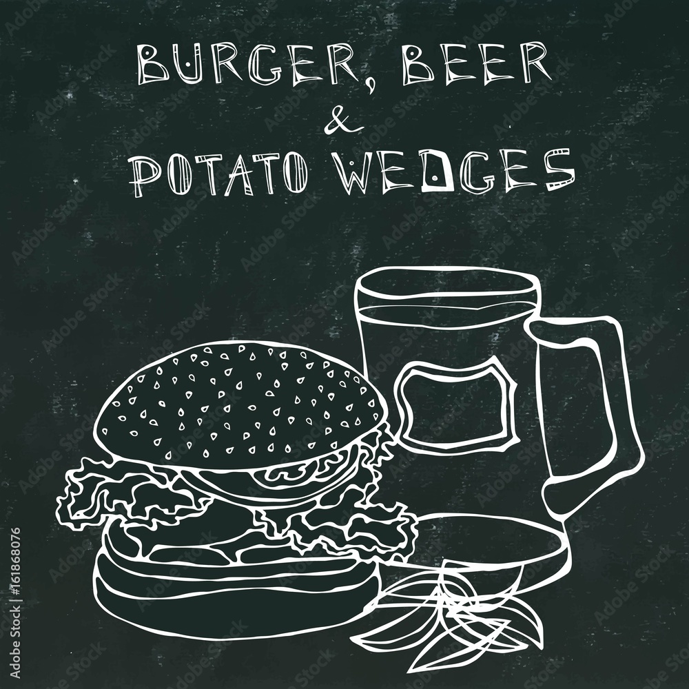 Big Hamburger or Cheeseburger, Beer Mug or Pint and Fried Potato ...
