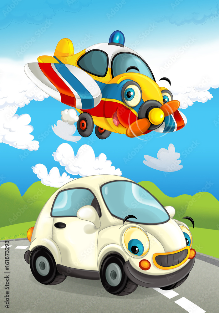 Cartoon ambulance car smiling and looking on the road and plane flying ...