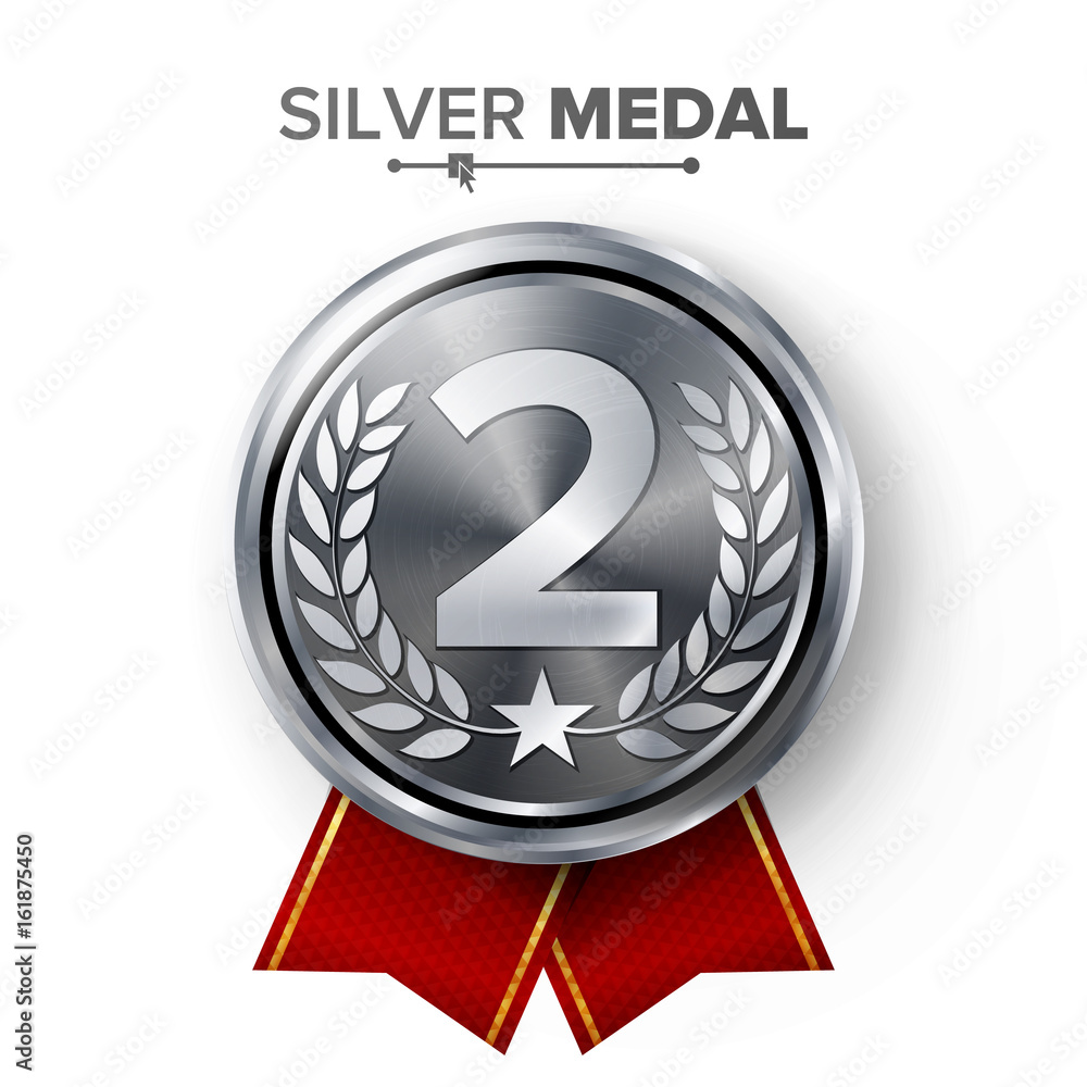 Silver 2st Place Medal Vector. Metal Realistic Badge With Second ...