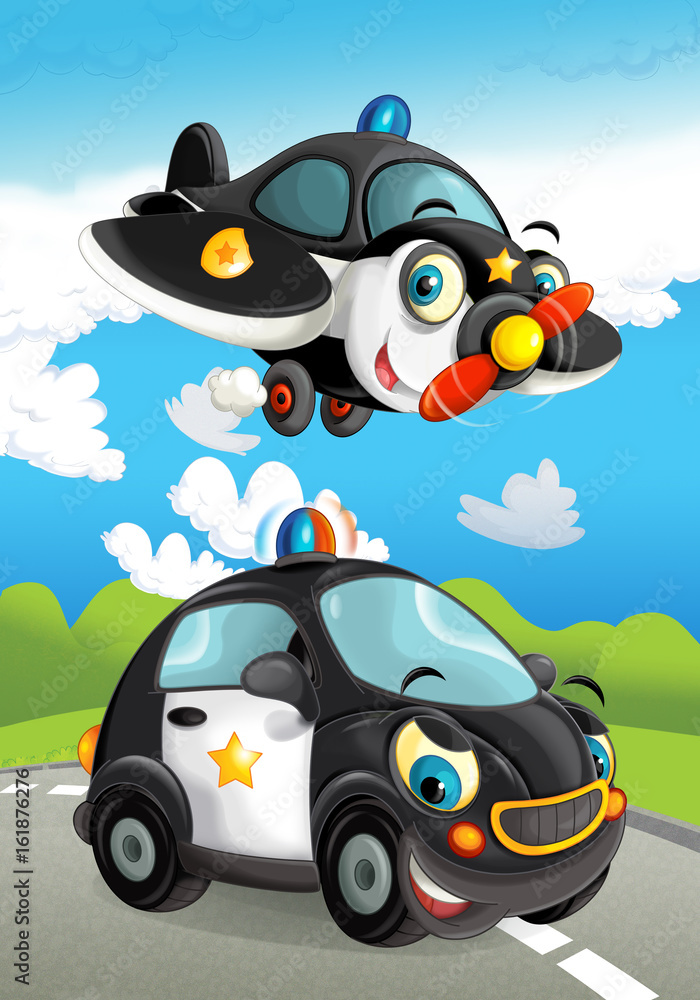 Cartoon police car smiling and looking on the road and plane flying ...