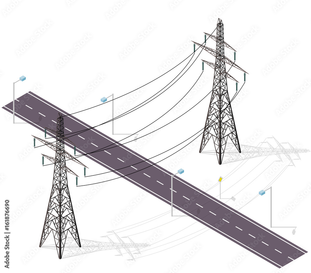 Road for cars crossed by high voltage lines, street lamps ...