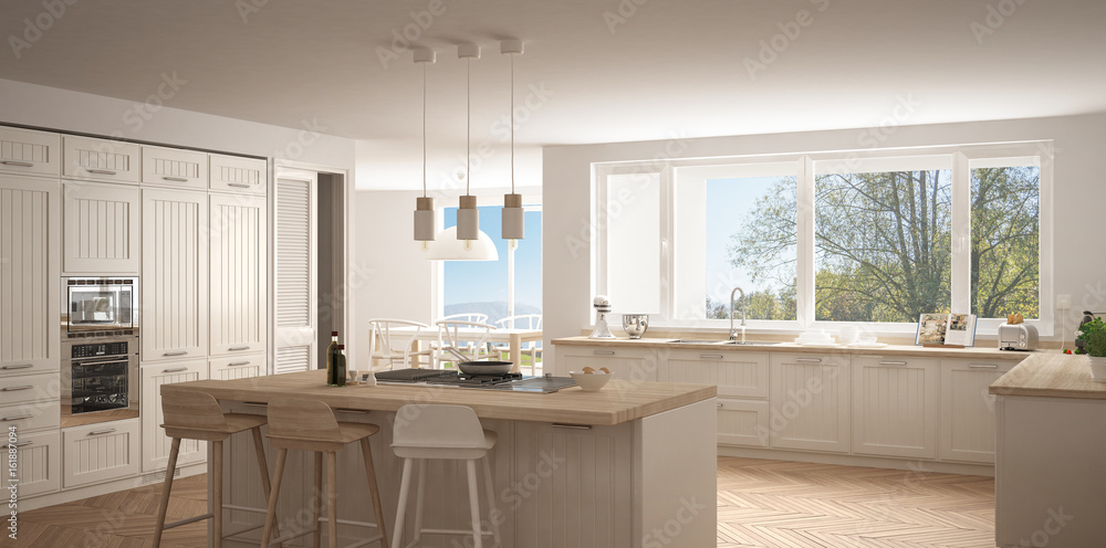 Modern scandinavia kitchen with big windows, panorama classic white ...
