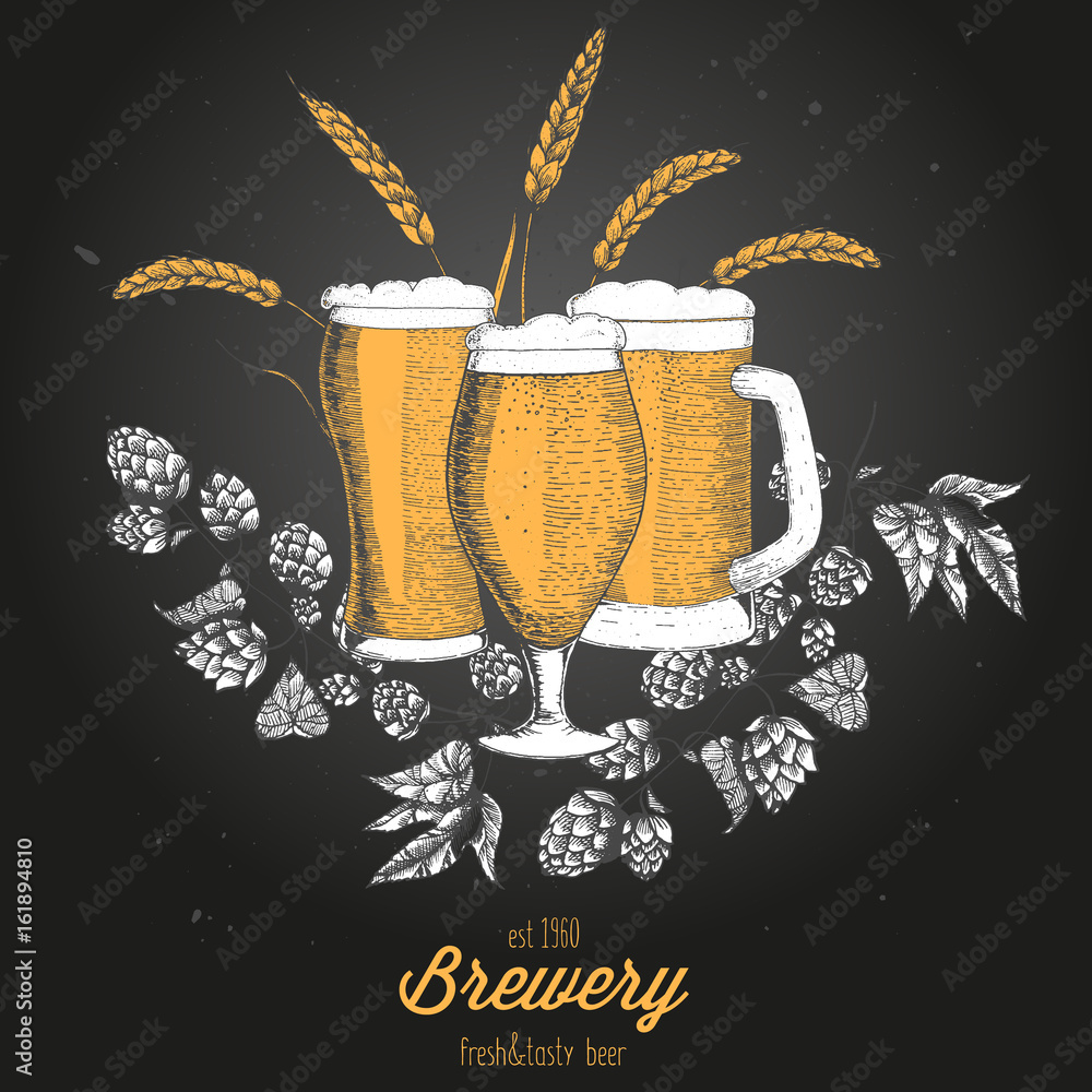 Beer design template. Menu label with barley, hops and beer glasses ...
