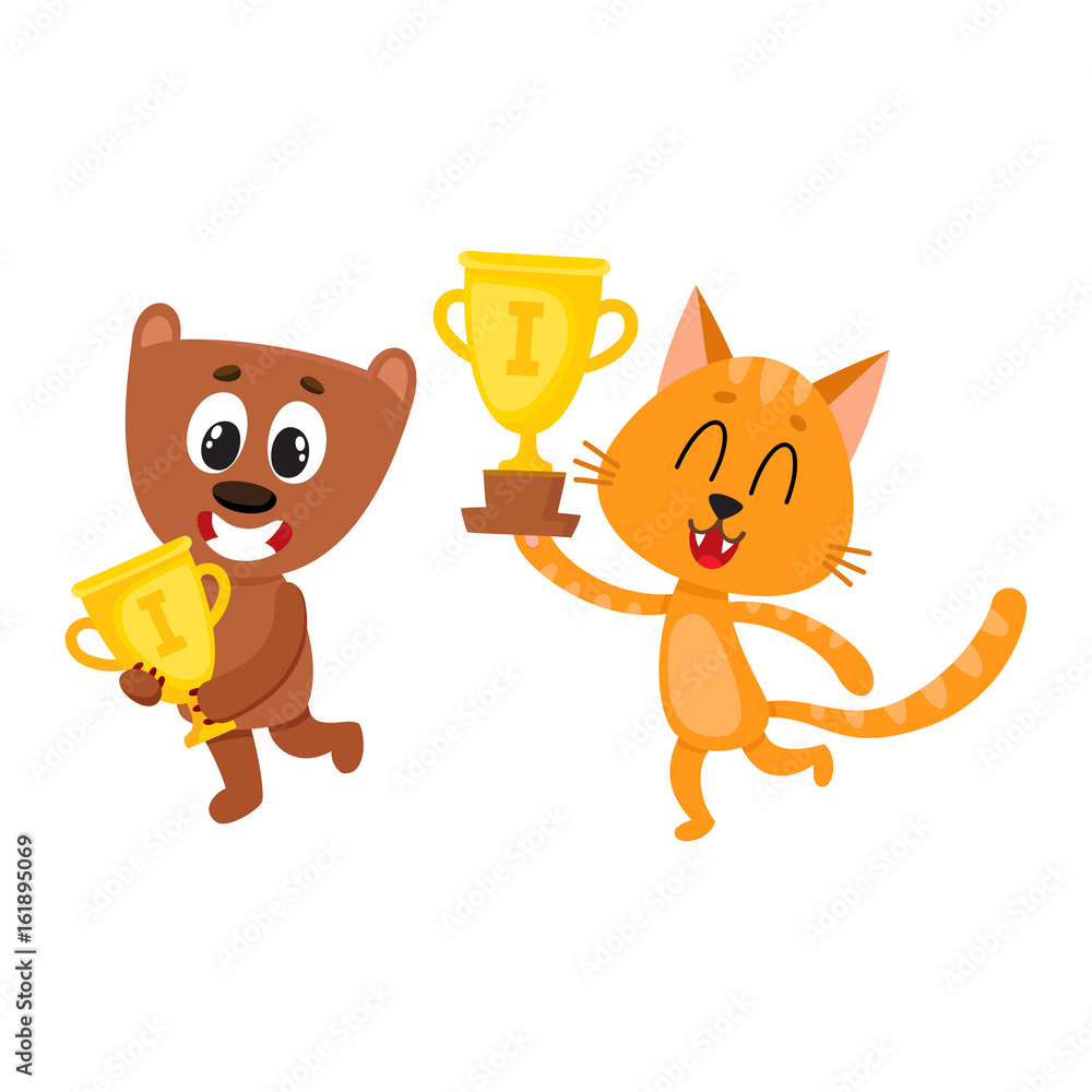 Cute little teddy bear and red characters, champions holding golden ...